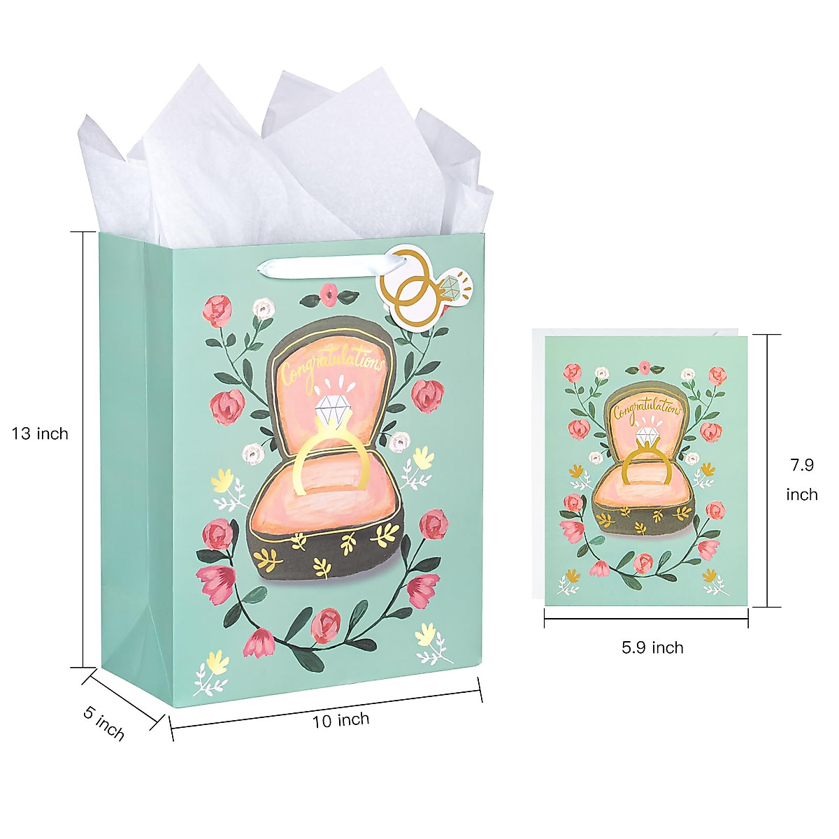 WRAPAHOLIC 13" Large Gift Bags with Card and Tissue Paper - Diamond Ring Design for Weddings, Engagements, Bridal Showers, Gift Wrap