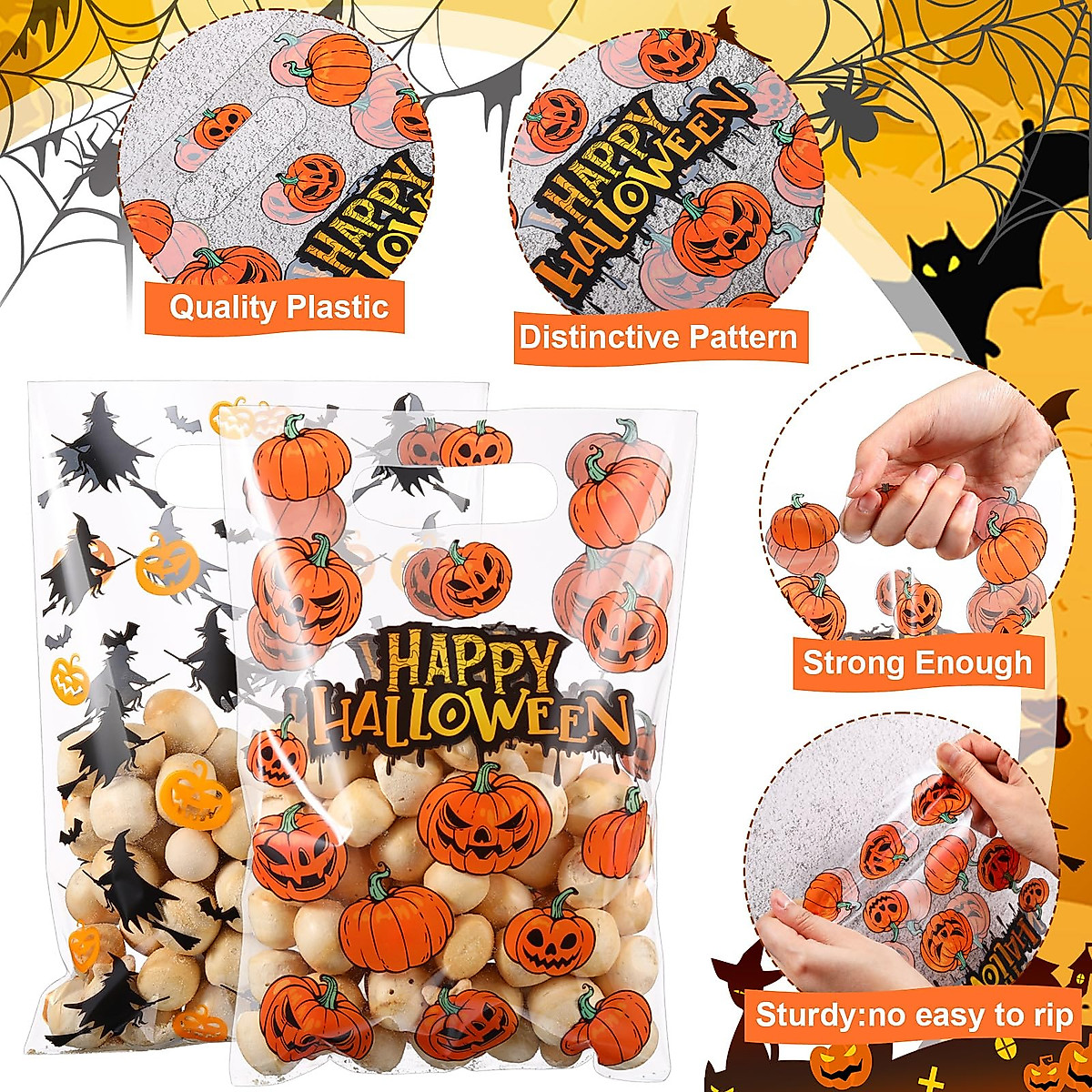 Bulyoou 100 Pcs Halloween Goodie Bags Trick or Treat Transparent Candy Bags with Handles Pumpkin Ghost Plastic Bags Halloween Treat Favor Goodie Bags for Halloween Kids Birthday Party Supplies
