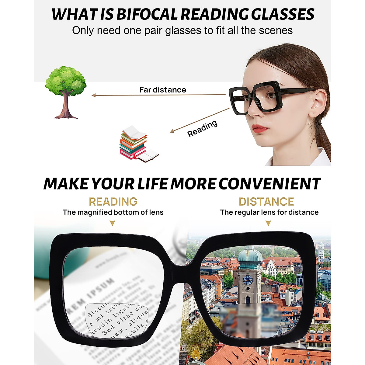 OCCI CHIARI Oversized Reading Glasses for Women 2.5 Bifocal Readers with Blue Light 1.0 1.25 1.5 1.75 2.0 2.25 2.5 2.75 3.0 3.5 (Black,2.50)