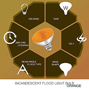 Dysmio Lighting 100 Watt 120 Volt Flood BR38 E26 Incandescent Light Bulb Amber 2 Pack