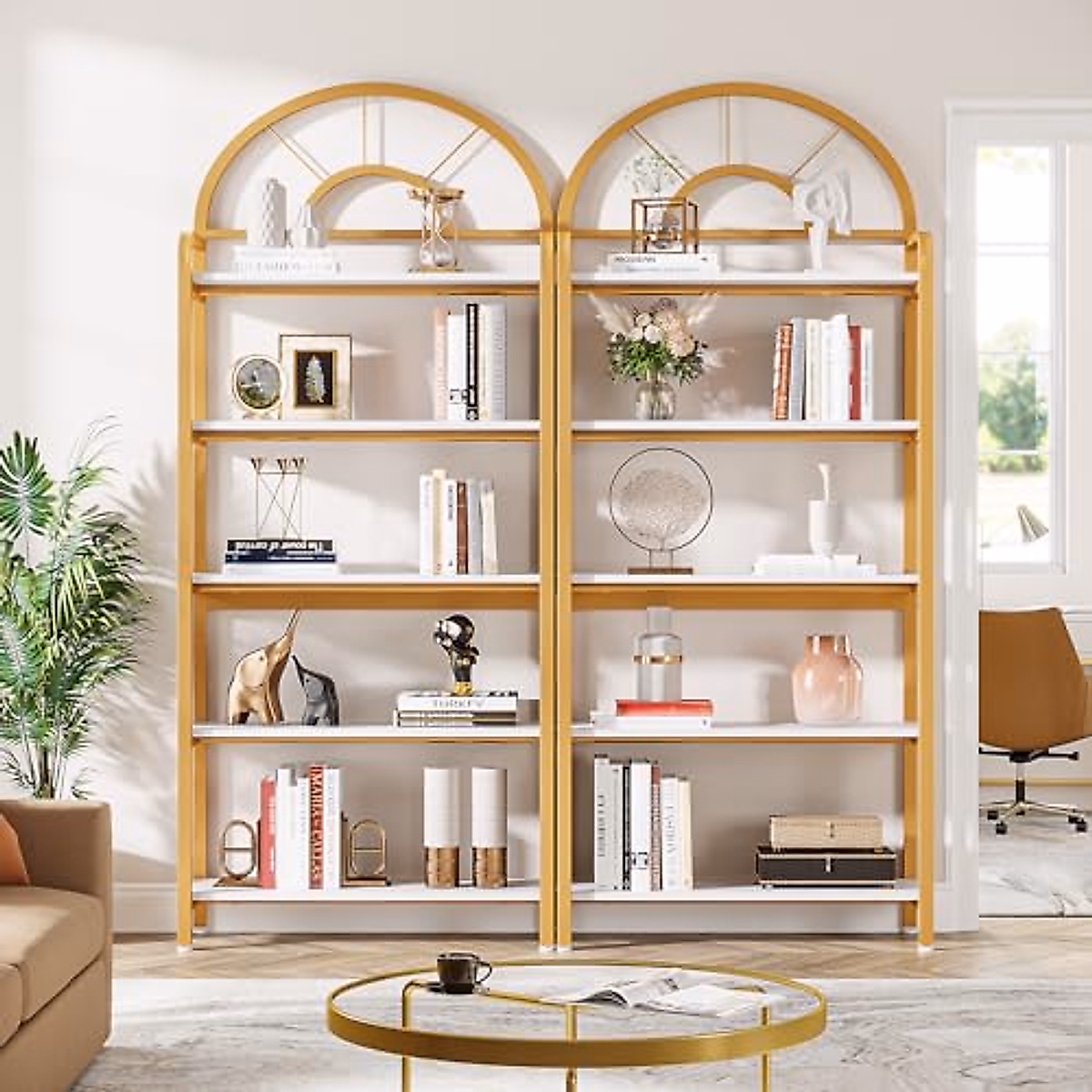 Tribesigns White and Gold Arched Bookshelf 5 Tier Bookcase, Gold Shelves for Living Room Freestanding Tall Display Shelf, Decorative Shelf for Bedroom