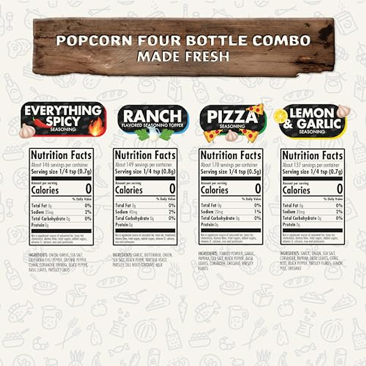 Popcorn Combo Pack of 4, Herb, Spices, Topper and Seasoning Gift Set - Everything Spicy, Pizza, Ranch, Lemon & Garlic - Premium All Natural & Healthy Spice Blend- Flavor God Seasonings