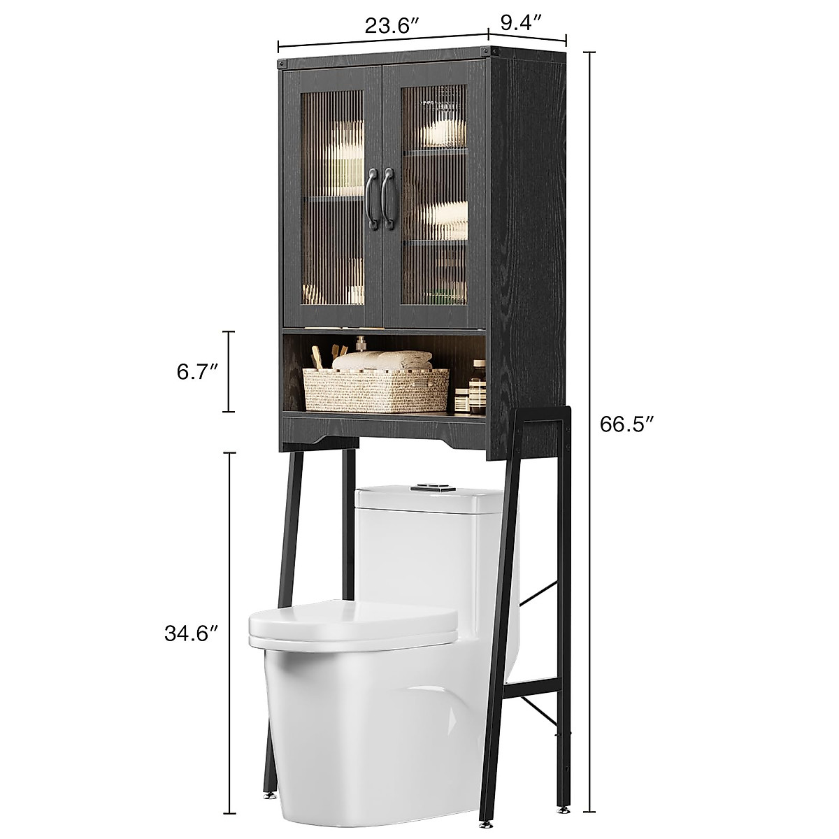 Over The Toilet Storage Cabinet with Tempered Glass Doors & Adjustable Shelf, Bathroom Organizer with Metal Stand Space Saver Over Toilet , Tall Freestanding Shelf/Rack for Bathroom, Black