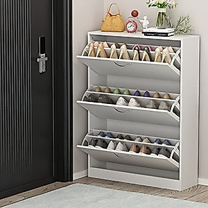 Shoe Cabinet for Entryway White Narrow Storage Flip Down Modern Contemporary MDF Metal Matte