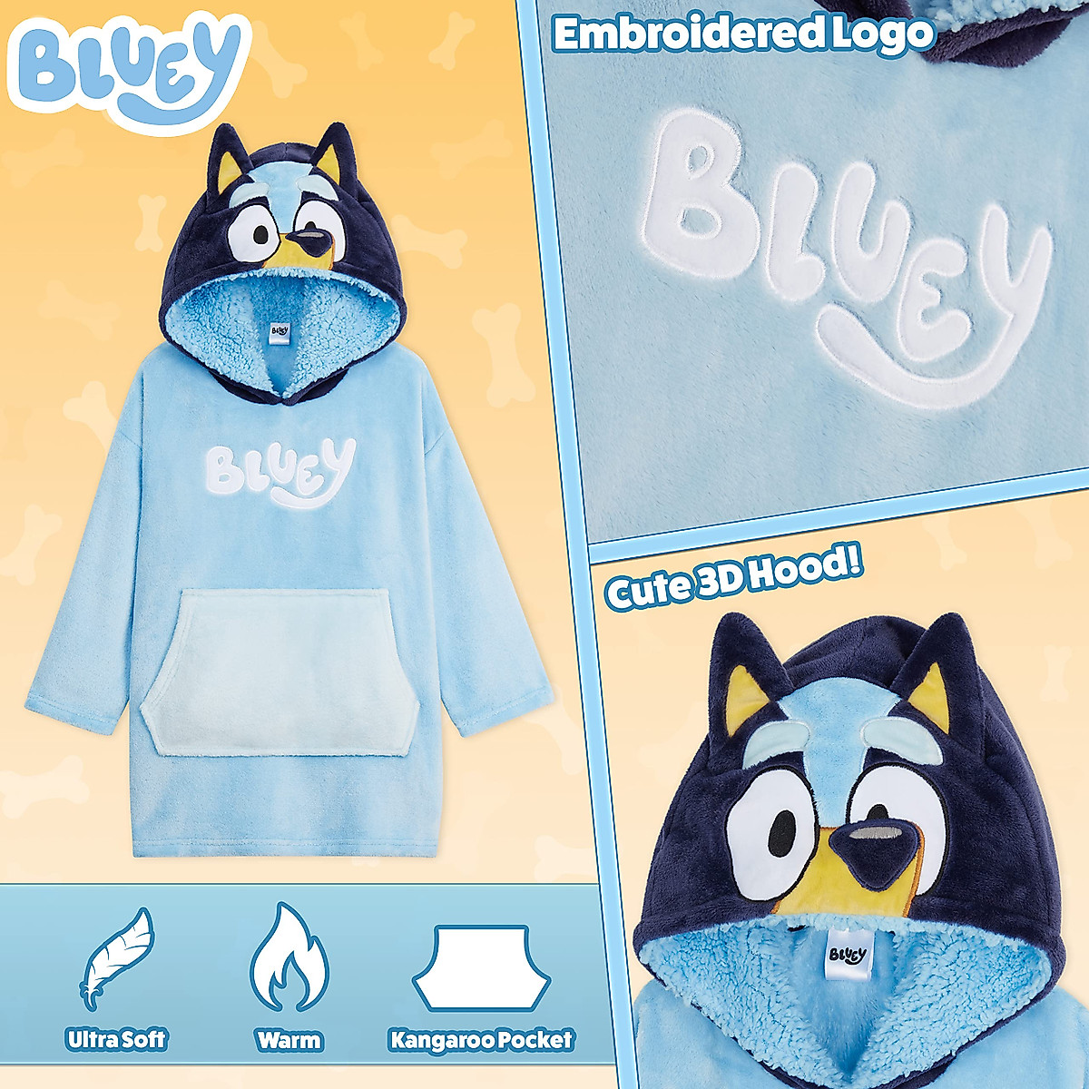 Bluey Girls Fleece Poncho - Cosy Fleece Oversized Hoodies for Kids (Blue/Navy, 4-6 Years)