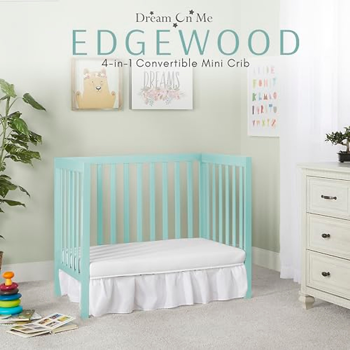 Dream On Me Edgewood 4-In-1 Convertible Mini Crib In Mint, JPMA Certified, Non-Toxic Finish, New Zealand Pinewood, With 3 Mattress Height Settings, Included 1" Mattress Pad