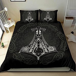 qsebhnj Fashion Viking Thor's Hammer Nordic Runes Black 3 Piece Bedding Set 3D Print Duvet Cover with Pillowcases King Queen Double Twin Throw Full Size Bed Sets (Color : Black, Size : 239x264cm)