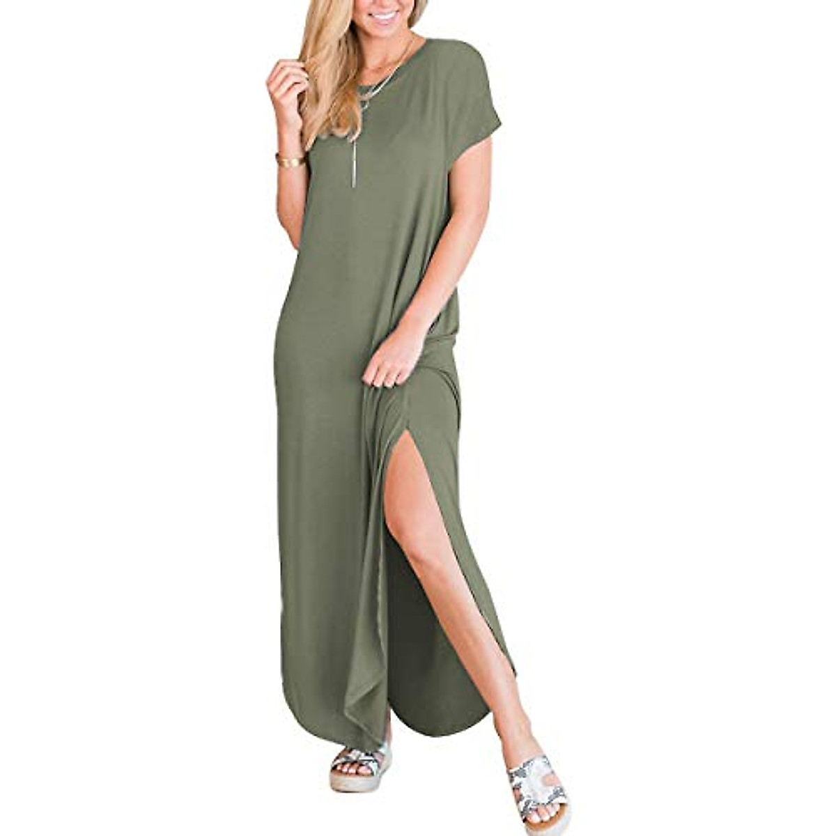 ANRABESS Women's Summer Maxi Dress Casual Loose T-Shirt Dress s Long Dress Short Sleeve Split A222-ganlanlv-XL