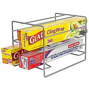 Home Basics W 3 Tier Heavy Duty Kitchen Countertop or Cabinet Organizer for Food Wrap, Foil, Wax Parchment Paper, Plastic Bags, Silver