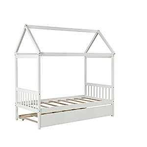 HAUSHECK Toddlers Montessori Bed with Trundle, Twin Size Montessori Bed Frame with Headboard & Footboard, House Bed Fun Playhouse for Kids Boys & Grils, No Box Spring Needed, Wooden Slatted Support
