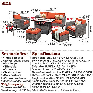 HOOOWOOO Outdoor Patio Furniture Sets 7 Pieces Patio Conversation Sets Weather Resistant Wicker Sofa Seating Set with 42" Fire Pit Swivel Rocking Chairs for 5 Persons Outside,Orange Red