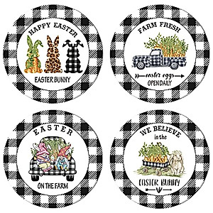Whaline Easter Coaster 4Pcs Easter Farmhouse Drink Coaster White Black Buffalo Plaids Bunny Rabbit Truck Ceramic Coaster Cup Mat for Mugs Cups Home Kitchen Party Supplies, 4.1 x 0.3 Inch