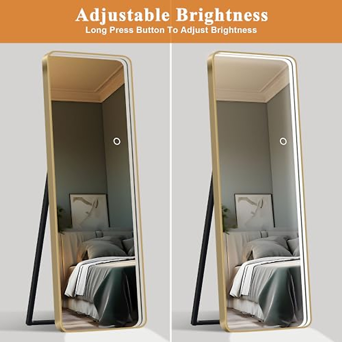SDHYL Full Length Mirror with Lights, 64"x20" LED Mirror Full Length with Stand, Full Body Mirror with Touch Button and Plug, Dimmable Brightness Dressing Mirror for Living Room, Round Coner, Gold