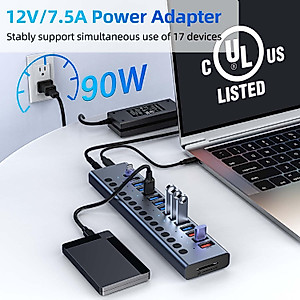 Powered USB Hub, VANGREE 17-Port 90W USB 3.0 Hub (10 USB 3.0 Ports+3 QC24W Fast Charging Ports+2 USB-C 3.0 Ports+SD/TF Card Reader), Individual On/Off Switches, 12V/7.5A Power Adapter for Laptop, PC
