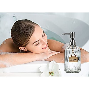 Funly mee Bathroom and Kitchen Clear Glass Soap Dispenser with Vertical Stripe - 16 Oz, 304 Rustproof Stainless Steel Pump, Refillable Liquid Glass Soap Dispenser for Hand Soap, Dish Soap (Clear)