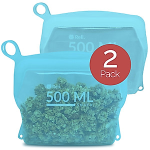 Reli. Reusable Silicone Bags (2 Pack) | Snack (500 ml) - Aqua | Silicone Bags for Food Storage | Small Reusable Food Storage for Meal Prep, Lunch Boxes | Leak-Proof, Dishwasher/Freezer Safe
