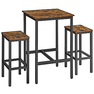 VASAGLE Bar Table and Chairs Set, Square Bar Table with 2 Bar Stools, Dining Pub Bar Table Set for 2, Space Saving for Kitchen Breakfast, Living Room, Party Room, Rustic Brown and Black