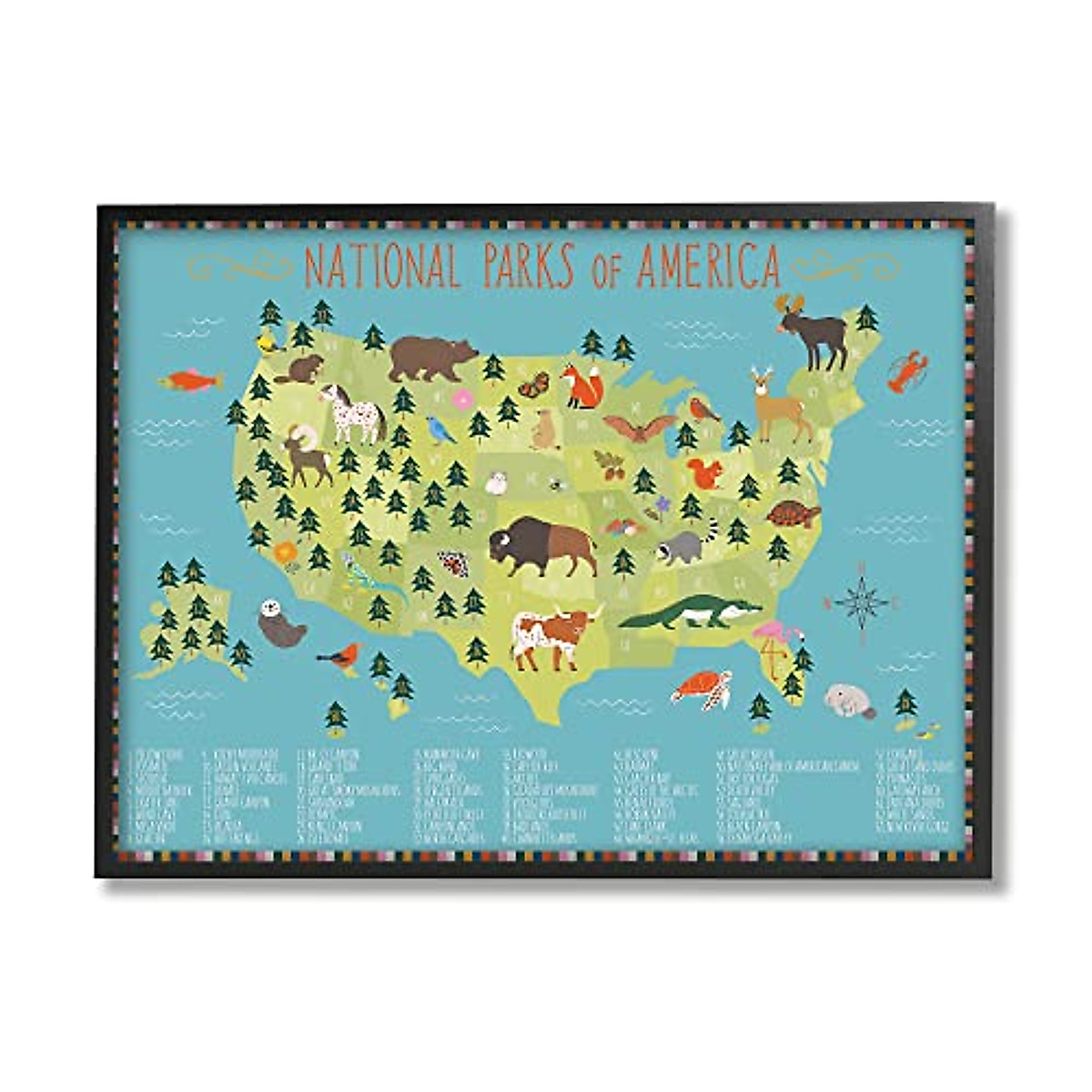 Stupell Industries Children's National Parks of America Map Animal Wildlife Black Framed Wall Art, 20 x 16, Blue