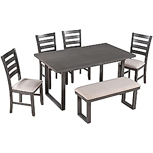 Merax 6-Piece Wooden Dining Table Set with 4 Cushioned Chairs and 1 Bench, Family Furniture for Kitchen, Grey-3-6pcs