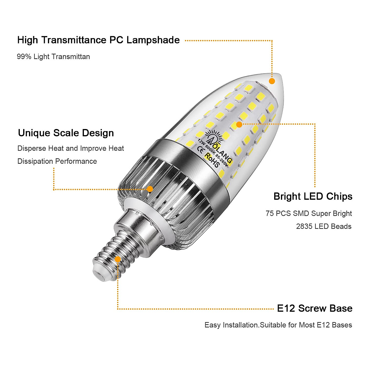 Aolang E12 LED Candelabra Bulb, 12W LED Candle Bulbs,100-Watt Light Bulbs Equivalent, Daylight White 6000K Chandelier Bulbs, E12 Candelabra Base, 85V-265V, 1200Lumens, Non-Dimmable (4 Pack)