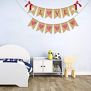 JOZON Love Burlap Banner and Pink Plaid Heart Burlap Banner Valentine's Day Bunting Banner Garland with Cupid Signs and Bows Valentines Day Party Decorations for Wedding Anniversary Mother‘s Day