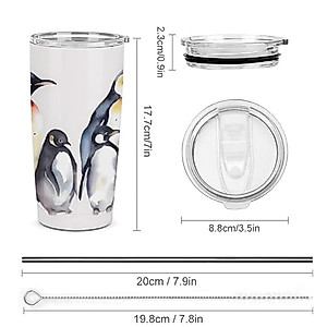 20 Oz Tumbler With Straw Leak Proof Thermos Cup, Animal Penguins Watercolor Pattern Stainless Steel Insulated Travel Coffee Mug Fit for Car Cup Holder