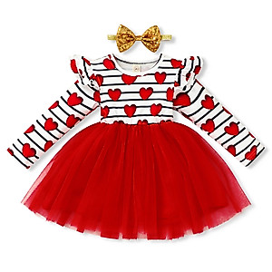 Baby Girls Valentine's Day Outfits Long Sleeve Stripe Heart Print Tutu Skirts Ruffle Dress Toddler Girl Clothes(Red,5-6T)