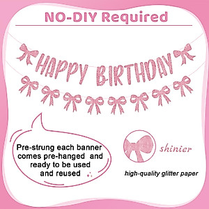 Pink Bow Birthday Decorations, Glitter Coquette Happy Birthday Banner, Girl Cute Themed Birthday Party Decorations With Happy Birthday Banner Bow Garland and Hanging Swirls Decor Supplies