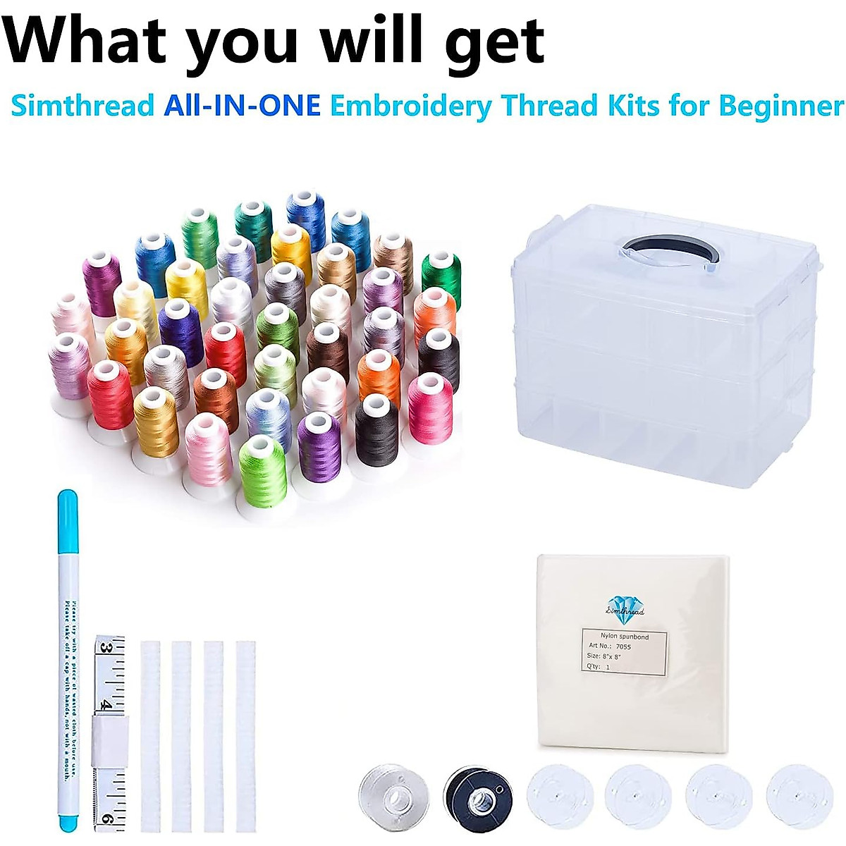 Simthread [Anti-Tangle] Embroidery Thread Kit with Organizer Box, All-in-one 40 Colors 100% Polyester Sewing Thread, Compatible for Brother Babylock Janome Embroidery Machine