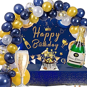 MOVINPE Navy Blue Gold Birthday Party Decorations, Birthday Photography Backdrop Banner Party Tablecloth Confetti Balloons Arch Garland Cake Topper for Bday Party Supplies Deocr