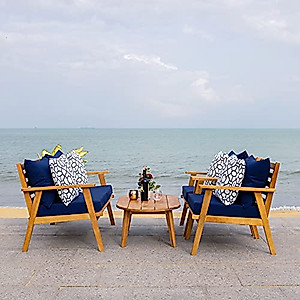 SAFAVIEH Outdoor Collection Deacon Acacia Wood Cushion 4-Piece Conversation Patio Set with Accent Pillows PAT7050E, Navy/Natural
