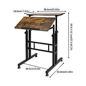 LOHISHILO Mobile Stand Up Desk Adjustable Laptop Desk with Wheels Storage Rolling Table Cart for Standing or Sitting, for Home Office Workstation, Iron-Brown, 27.5-45.3in