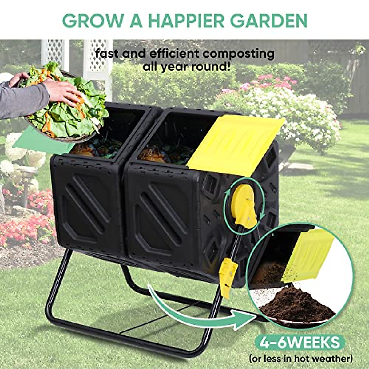F2C Dual Chamber 37 Gallon Compost Tumbler All-Season Outdoor BPA Free Large Composter Bin w/ 2 Sliding Doors and Solid Steel Frame (37 Gallon)