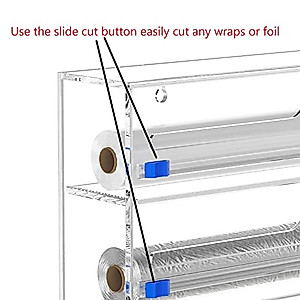 2 in 1 Plastic Wrap Dispenser with Cutter, Acrylic Aluminum Foil and Wax Paper Dispenser with Slide Cutter for Kitchen Drawer, Plastic Wrap Parchment Roll Organizer Holder, Fits 12" Roll, Clear