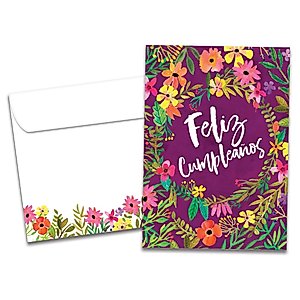 Tree-Free Greetings - Birthday Cards - Artful Designs - 1 Card + Matching Envelopes - Made in USA - 100% Recycled Paper - 5"x7" - Cumpleanos Flowers (GO64622)