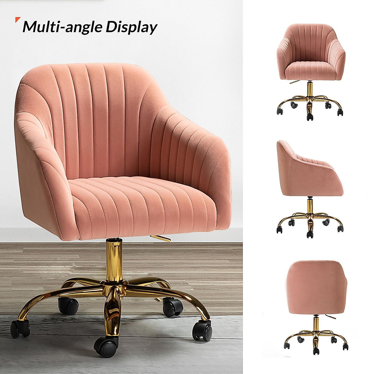 HULALA HOME Modern Velvet Home Office Desk Chair with Gold Base & Channel Back, Upholstered Swivel Computer Task Chair for Bedroom, Height Adjustable Cute Vanity Chair for Women Girls, Pink