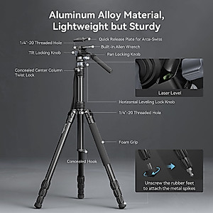 SmallRig CT190 Professional Video Tripod, 72" Camera Tripod with Leveling Base, Monopod Conversion, Video Tripod for Travel, Video and Vlogging, with Carry Bag, Load up to 8.8 lbs/4 kg - 4319
