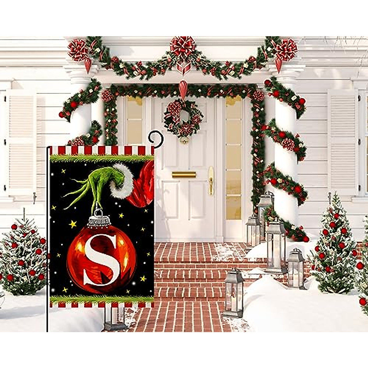BLKWHT Christmas Monogram Letter S Garden Flag 12x18 Vertical Double Sided Winter Holiday Outside Decorations Burlap Family Last Name Initial Yard Flag