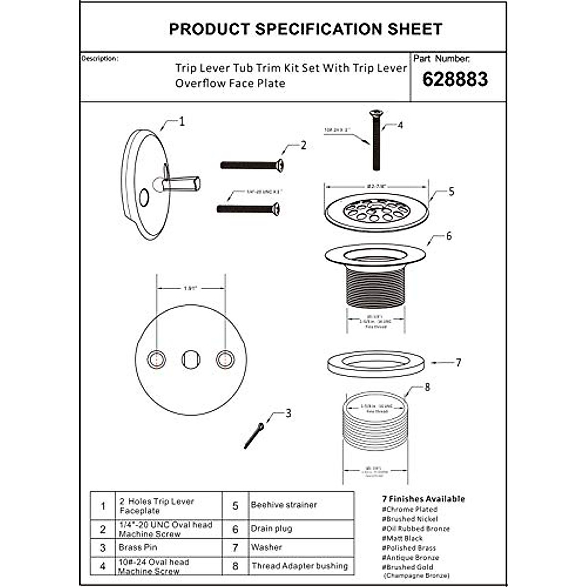 Artiwell Trip Lever Tub Trim Kit Set With Trip Lever Overflow Face Plate, Trip Lever Bathtub Drain with Strainer, Overflow and Matching Screws (MATT BLACK)