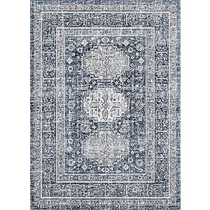 ComiComi Washable Rug 5x7 - Antique Distressed 5x7 Area Rugs, Ultra Thin Rugs for Living Room, Vintage Tribal Bedroom Rugs(Blue/Grey, 5'x7')