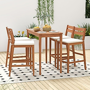 Tangkula Patio Eucalyptus Wood Bar Stools Set of 2, Outdoor Bar Height Patio Chairs with Cushions, Outdoor Barstools for Backyard, Garden, Balcony, 400 lbs Capacity (1, Off White)
