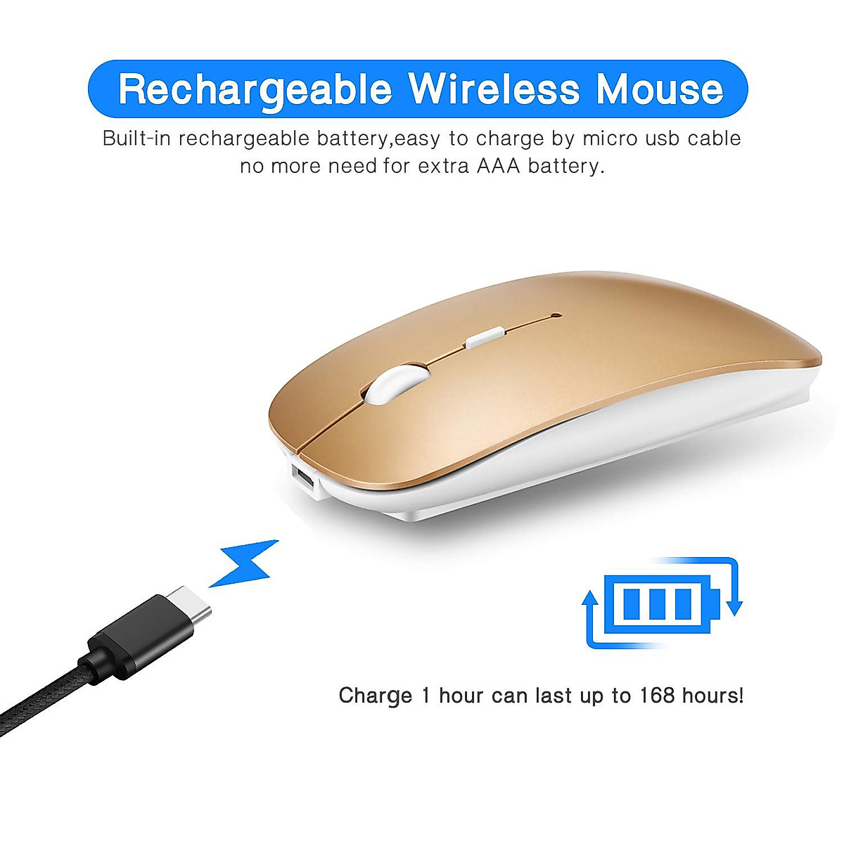 Bluetooth Wireless Mouse, Dual Mode Slim Rechargeable Wireless Mouse Silent Cordless Mouse with Bluetooth 4.0 and 2.4G Wireless, Compatible with Laptop, PC, Windows Mac Android OS Tablet (Gold)