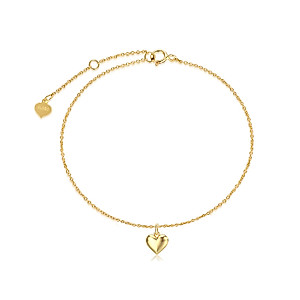 SISGEM Real 14k Gold Puff Heart Anklet for Women, Solid 14 Karat Gold Love Ankle Bracelets Foot Jewelry Gifts for Her, 9+1+1 Inch
