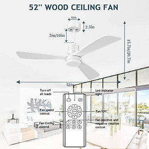 CLUGOJ 52" White Ceiling Fans with Lights Remote Control, Indoor Outdoor Wood Modern Ceiling Fan Noiseless Reversible DC Motor