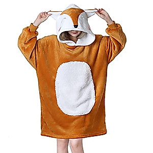 Queenshin Orange Fox Hoodie Wearable Blanket Oversized Sweatshirt for Adults, Comfy Flannel Animal Body Blanket Sherpa Lined, One Size for All