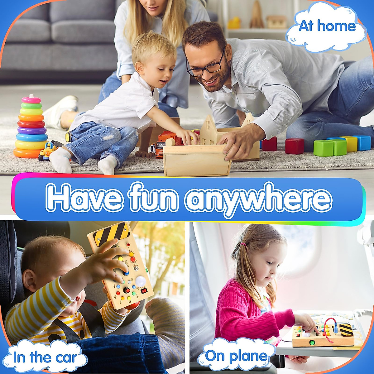 POLKRANE Busy Board with LED Light,Montessori Toys with Toggle Switch,Travel Toys and Wooden Toy for Educational Toddler Activities for 1 2 3 4 Year Old Boys & Girls (Rainbow)