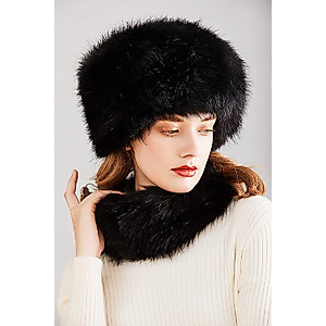 Lovful Faux Fur Women Russian Cossak Hat,Scarf Set for Ladies Winter,Black