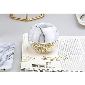 Magnetic Paper Clip Holder, Marble White Holder with Gold Paper Clips 100pcs 28mm(1.1") Cute Office Supplies for Desk Organizer