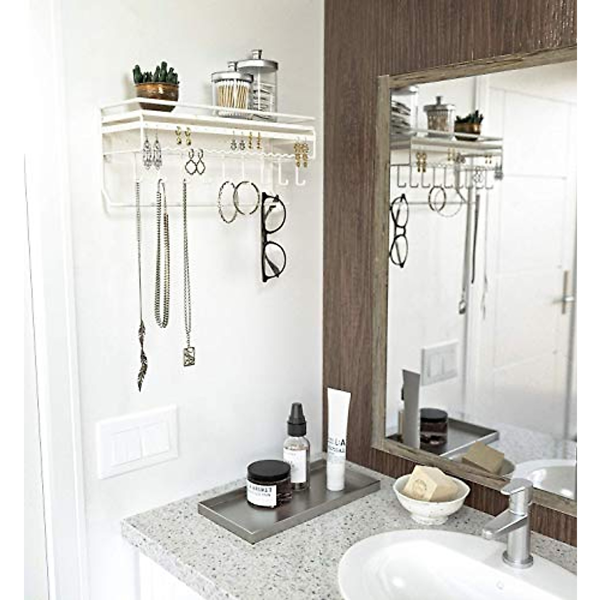 JackCubeDesign Hanging Jewelry Organizer with 9 Hooks, Wall Mount Necklace Earring Bracelet Sunglass Holder with Wood Shelf (White Metal) - MK237D