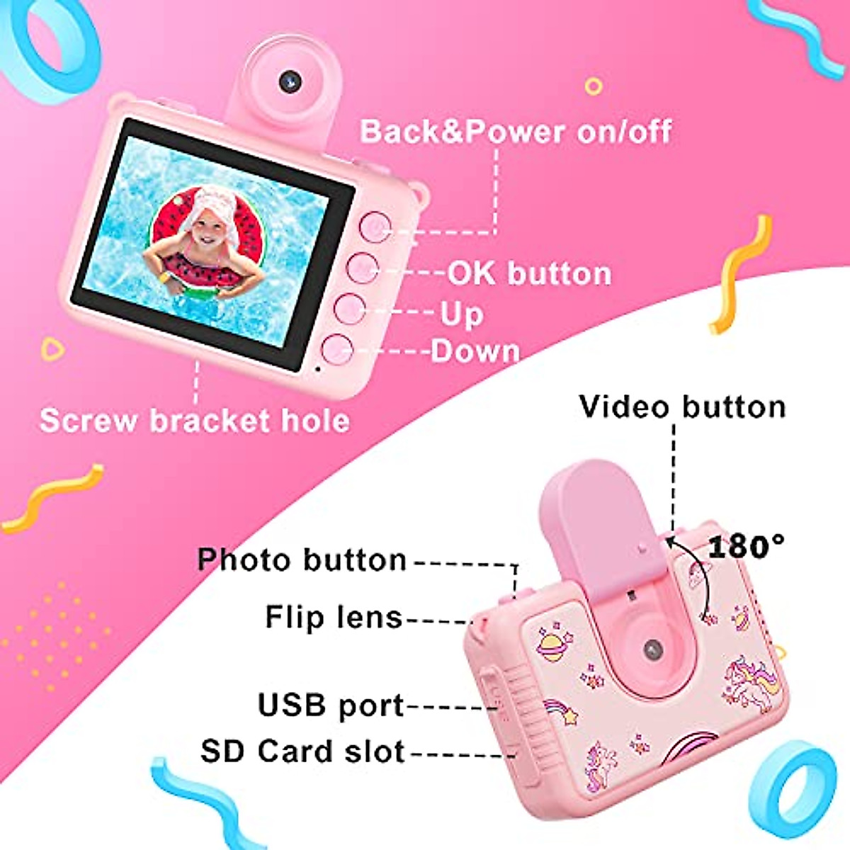 Ziegoal Kids Waterproof Camera Unicorn Christmas Birthday Gifts for Girls Age 3-12 HD Video Children Digital Underwater Toddler Selfie Camera Toys for 4 5 6 7 8 9 10 Year Old Girls with 32G SD Card